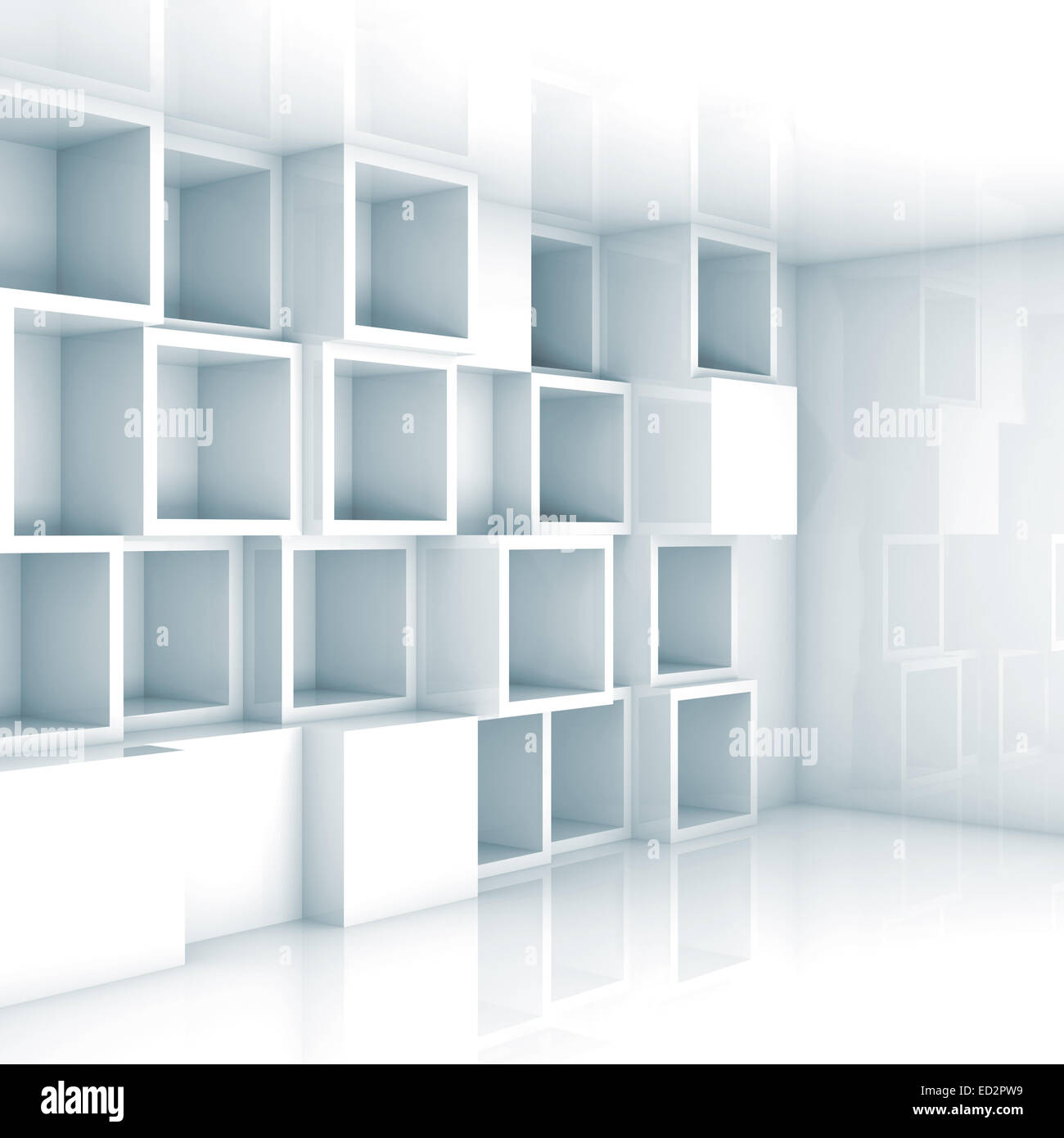 Abstract empty 3d interior with white empty cube shelves on the wall ...