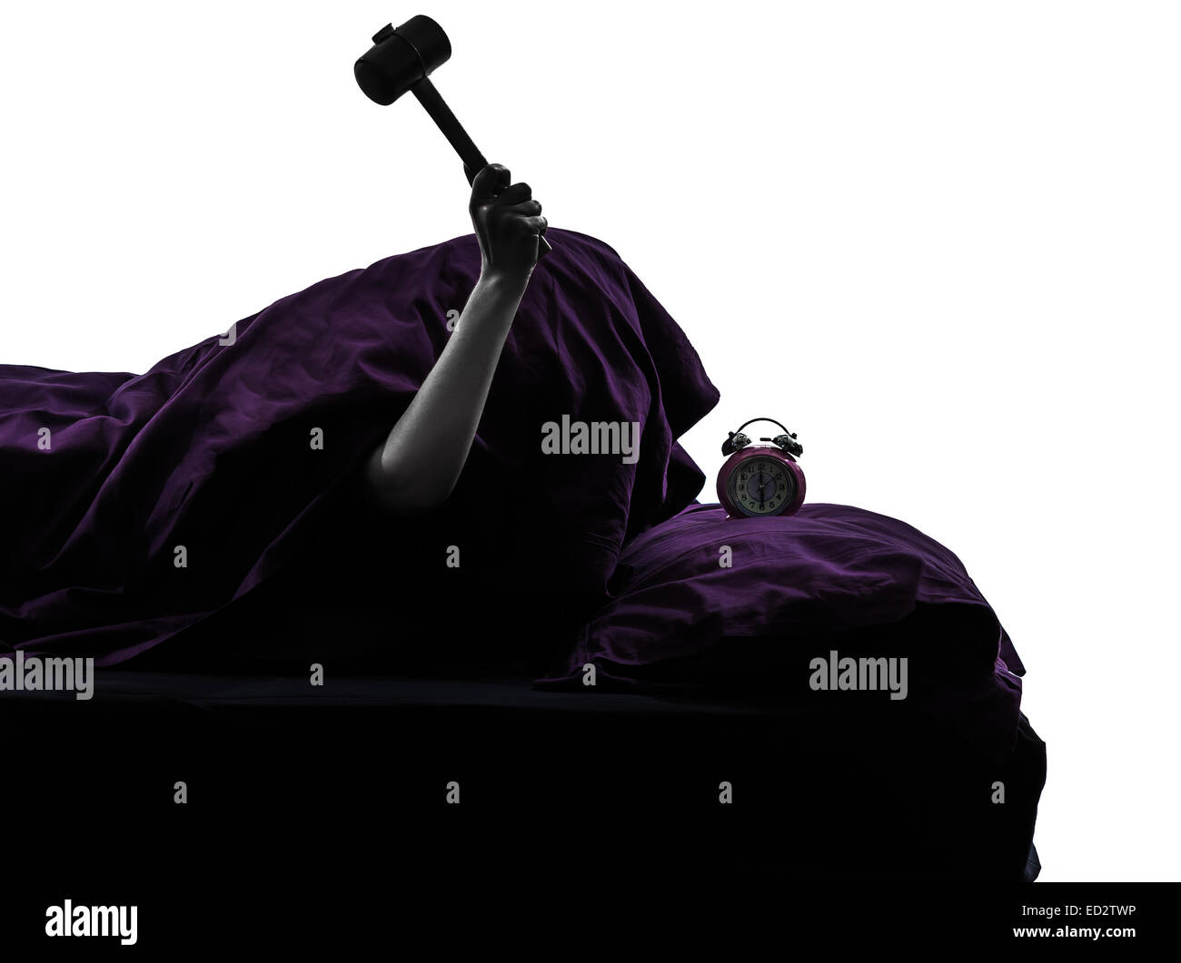 one person smashing alarm clock in bed waking up smashing alarm clock ...