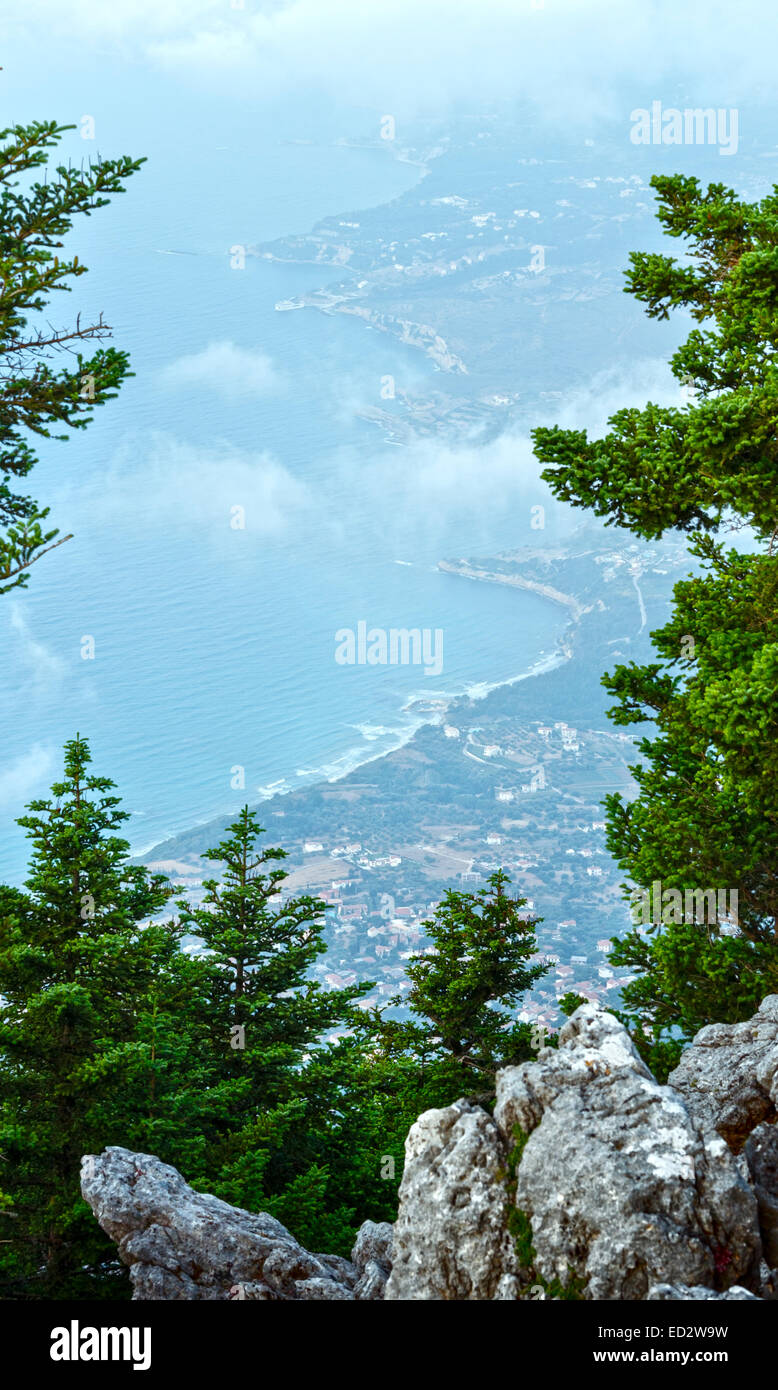 Summer morning cloudy top view of the Mount Aenos (or Ainos) on sea ...