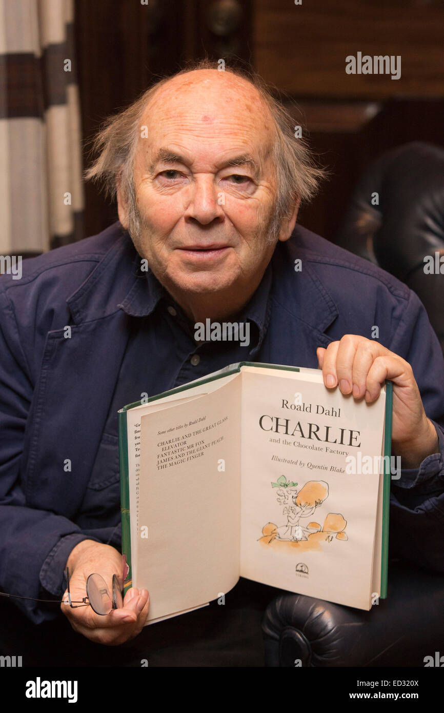 London, UK. 4 December 2014. Illustrator Sir Quentin Blake poses with a ...