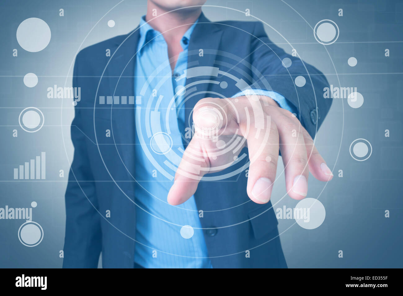 Man Pressing Futuristic Screen Interface Stock Photo - Alamy