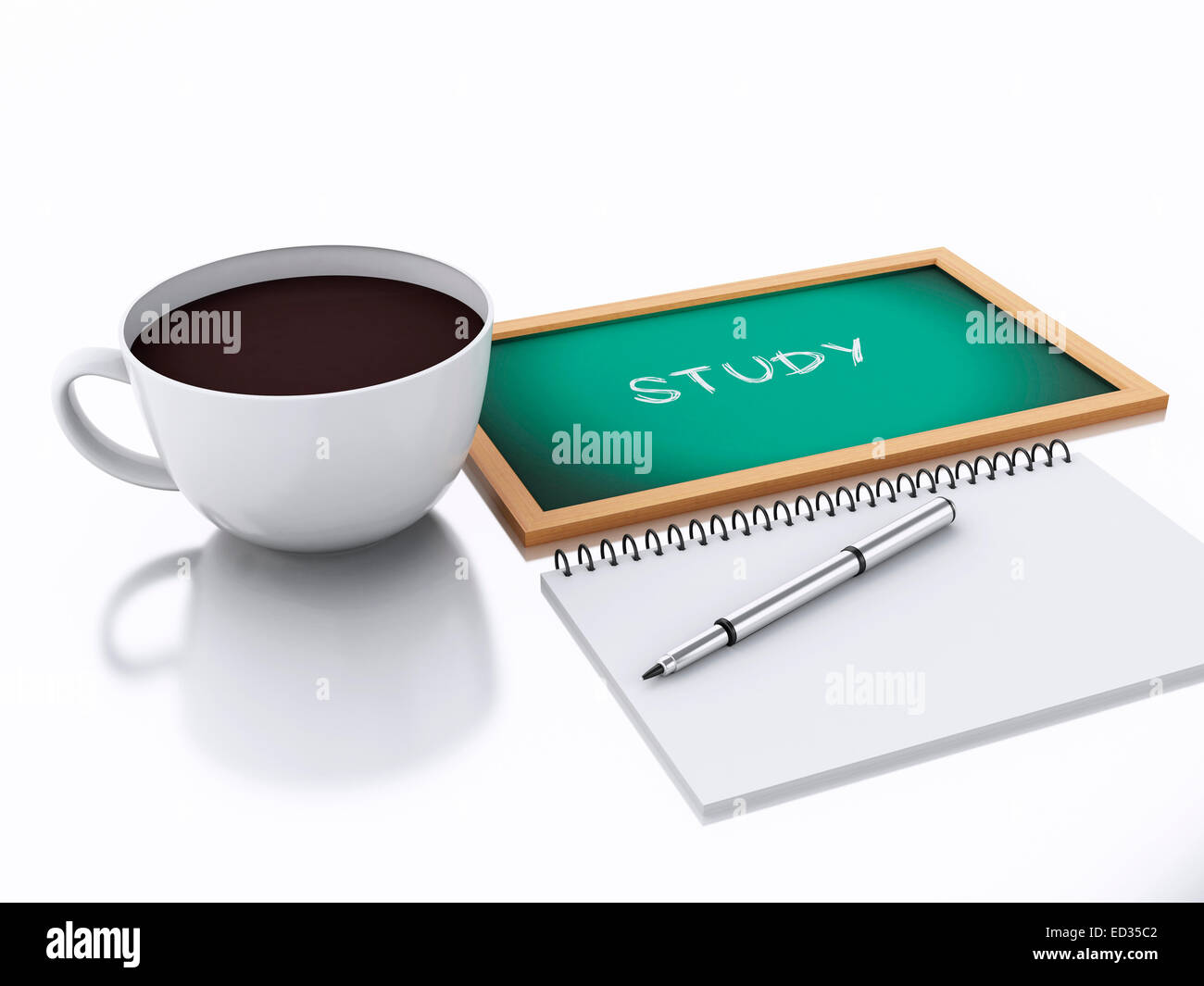 3d renderer illustration. notepad and cup of coffee. study concept ...