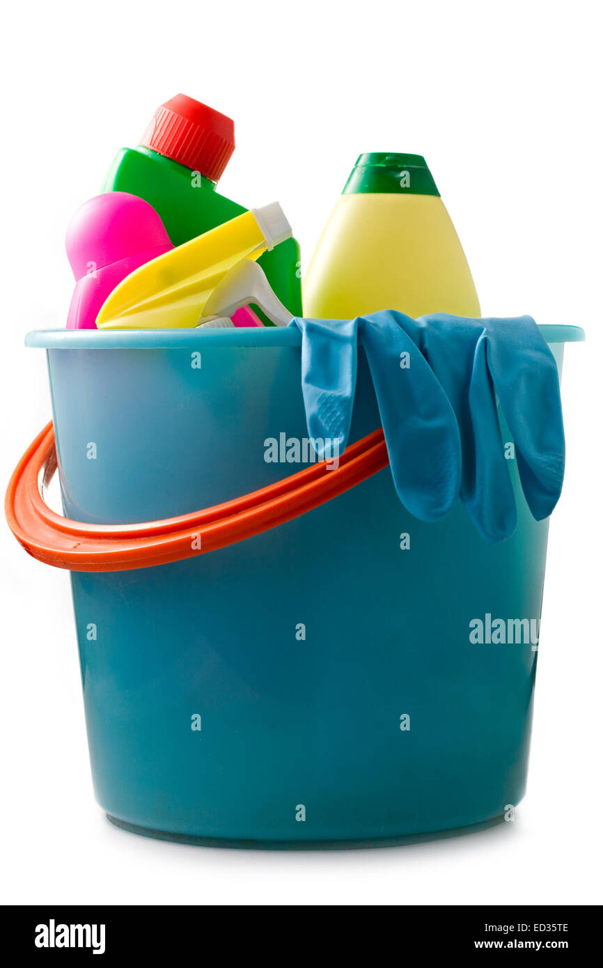 Plastic bucket with cleaning supplies Stock Photo - Alamy