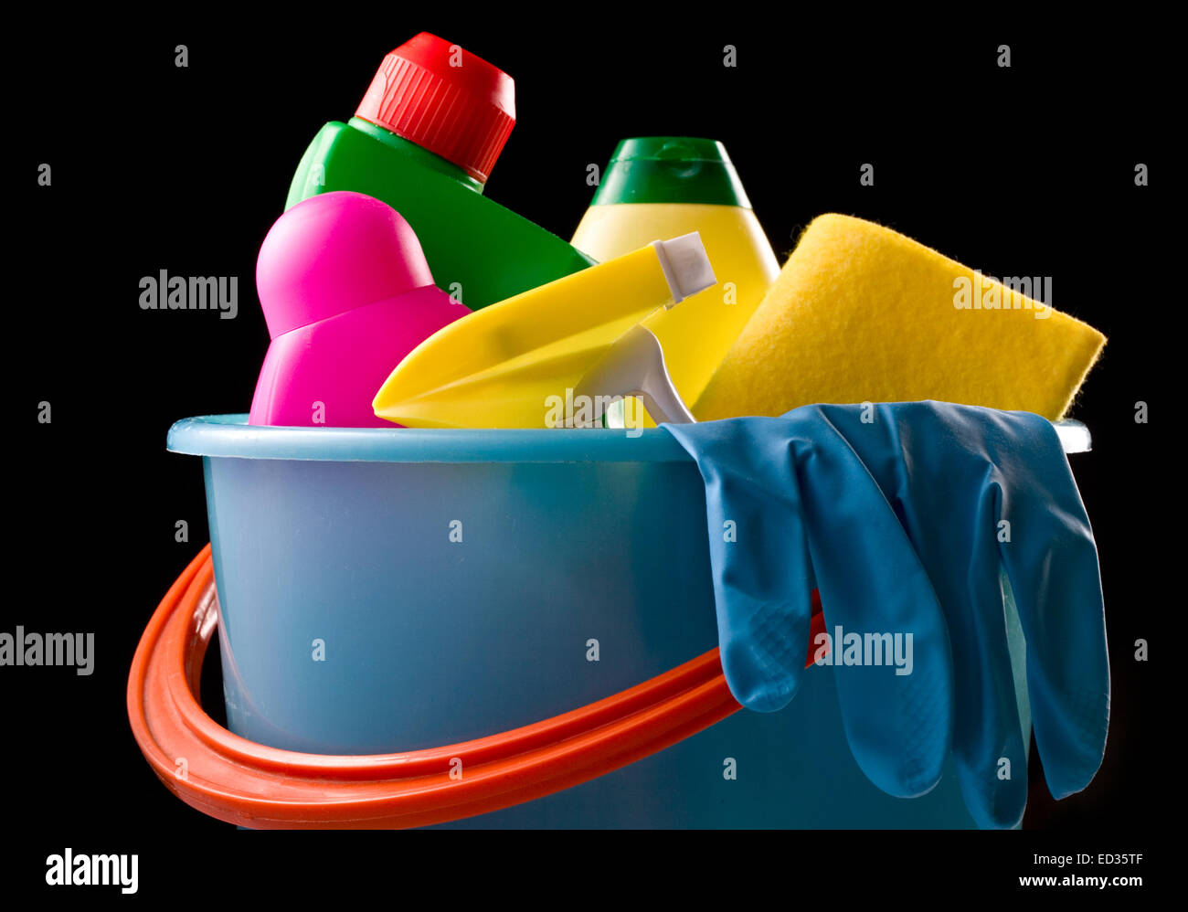 Plastic bucket with cleaning supplies Stock Photo - Alamy