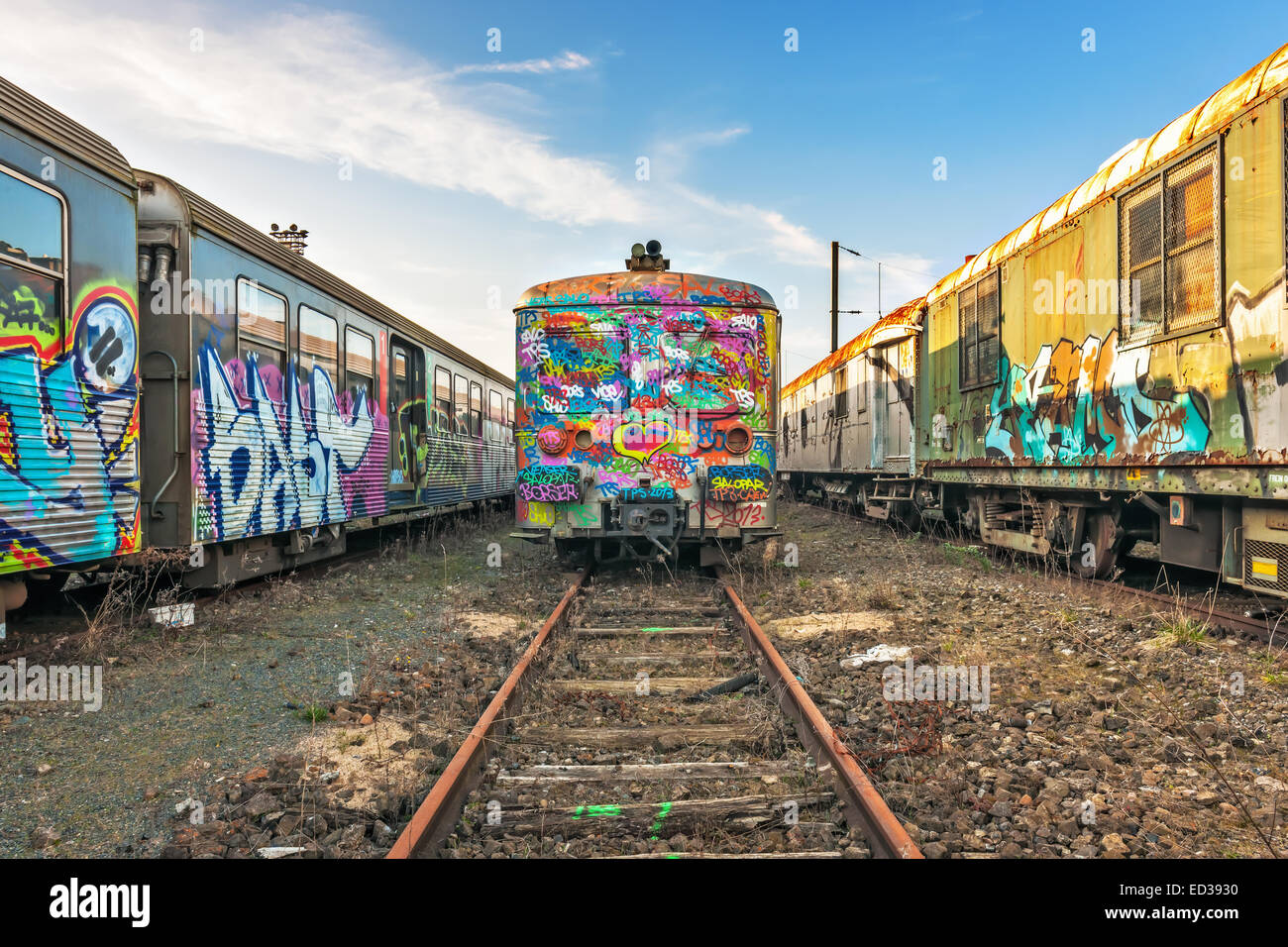 Abandoned tagged trains outside train cemetery Stock Photo - Alamy
