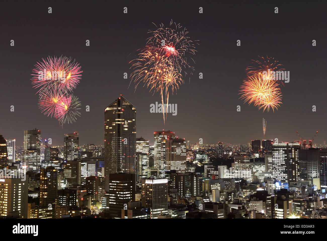 Fireworks celebrating over Tokyo cityscape at night of Japan Stock ...