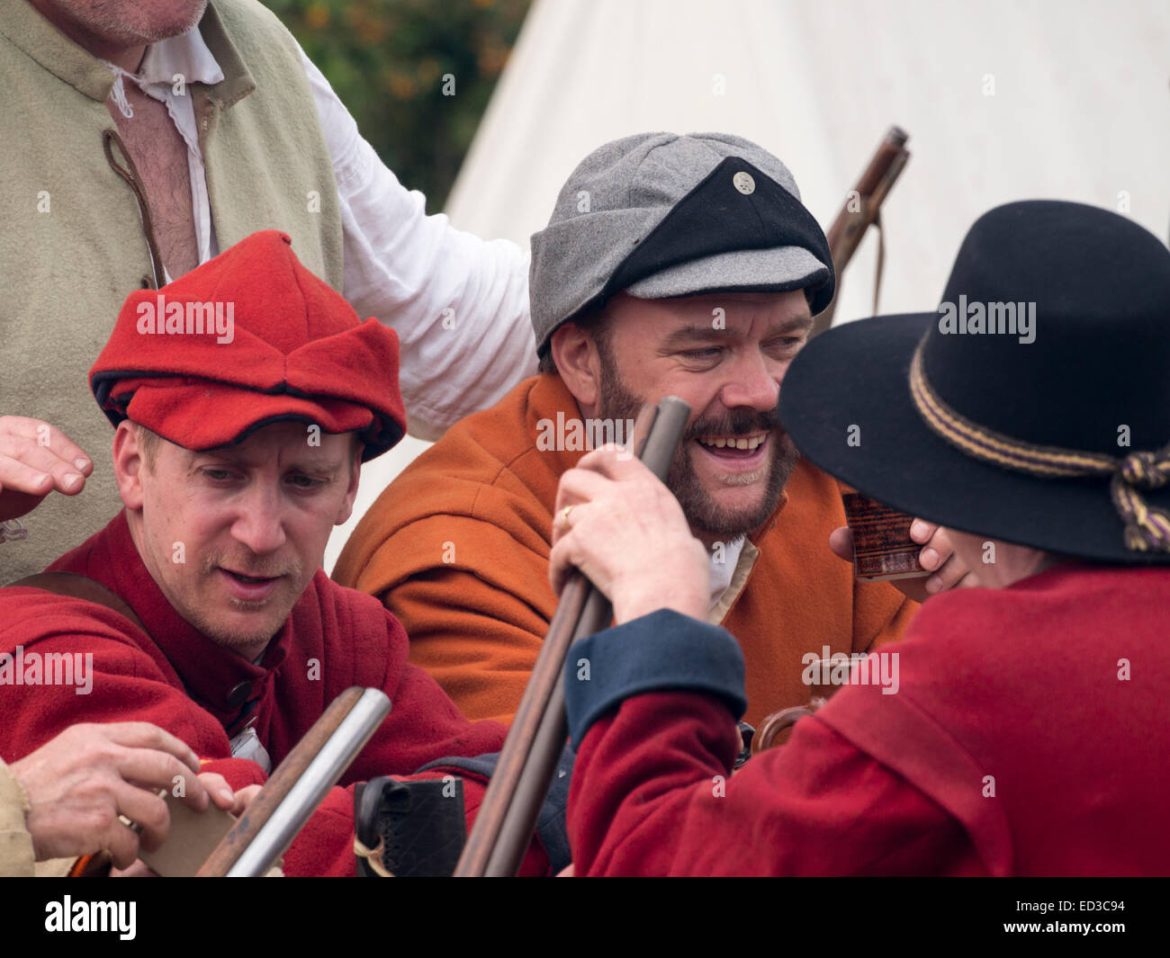 Actors perform wearing Stuart era, the 17th century, (reign of king ...
