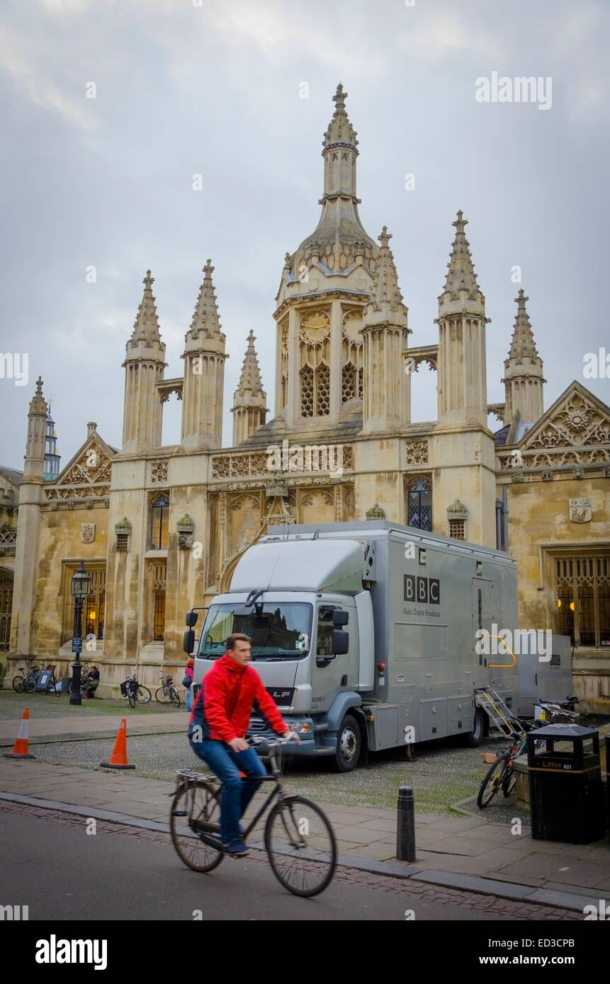Cambridge, UK. 29 December 2014: BBC Sound van outside King's College ...