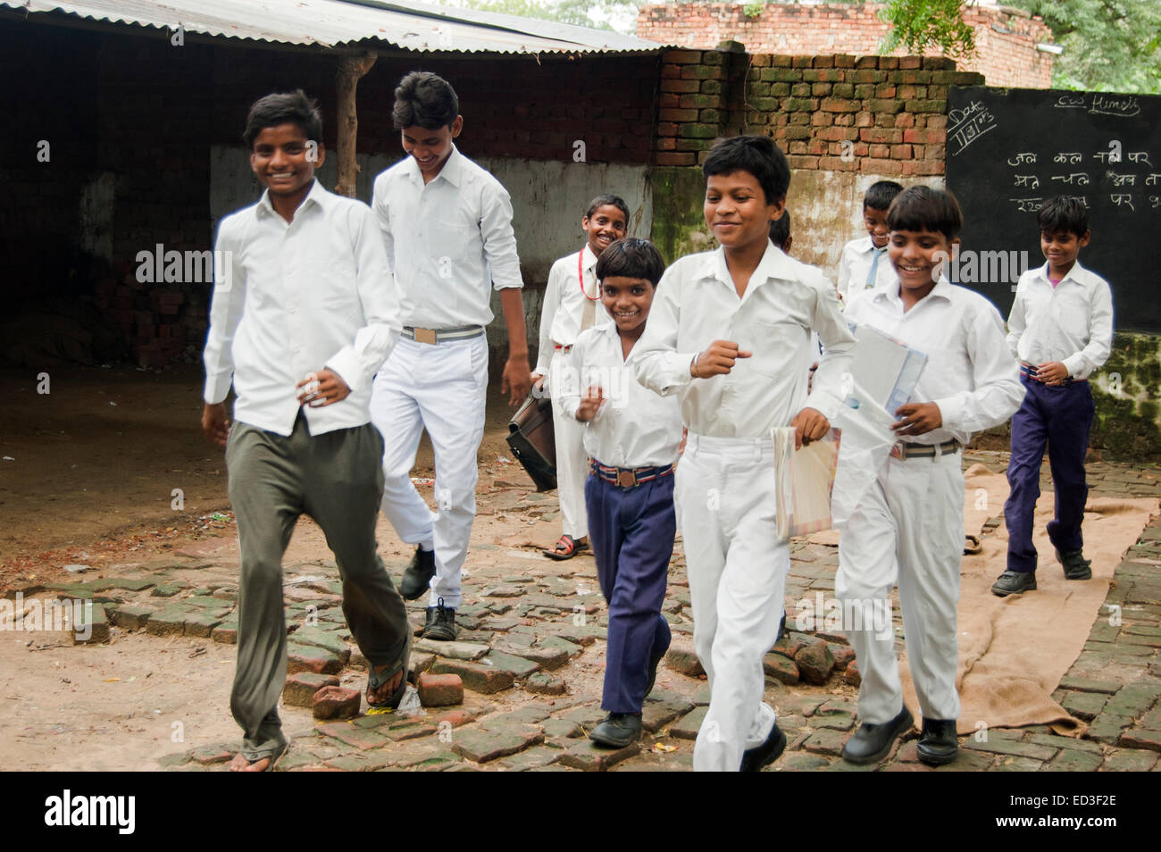 indian rural Children group Students Running Stock Photo - Alamy