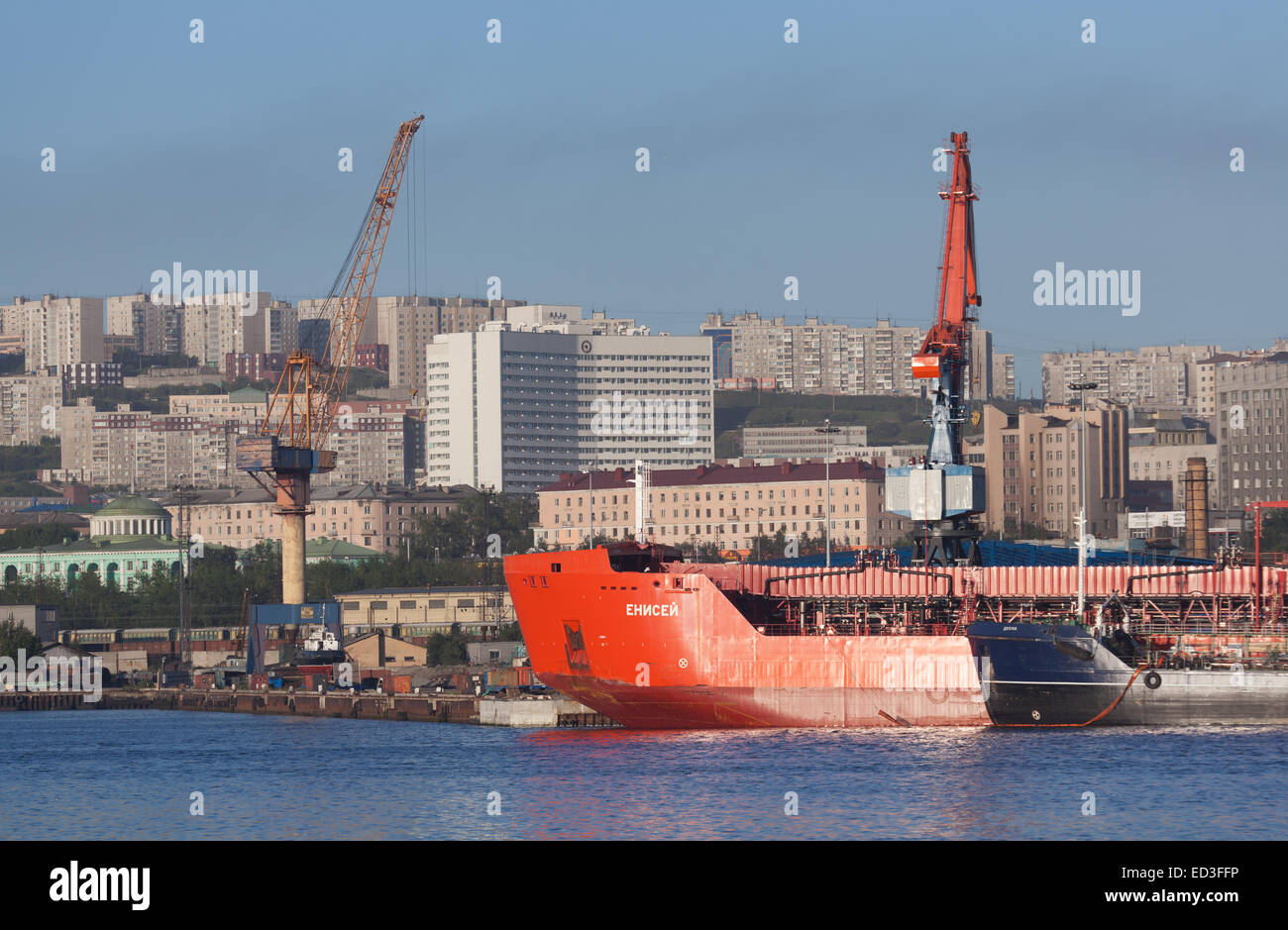Tanker "Enisei", View of the Murmansk port and the Kola Bay Stock Photo ...