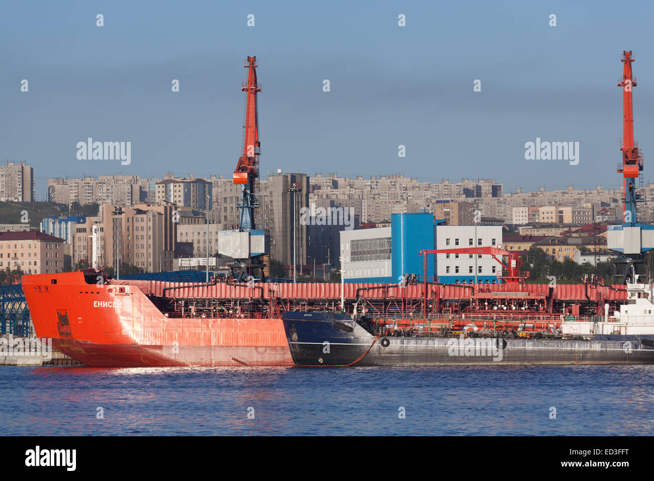 Tanker "Enisei", View of the Murmansk port and the Kola Bay Stock Photo ...
