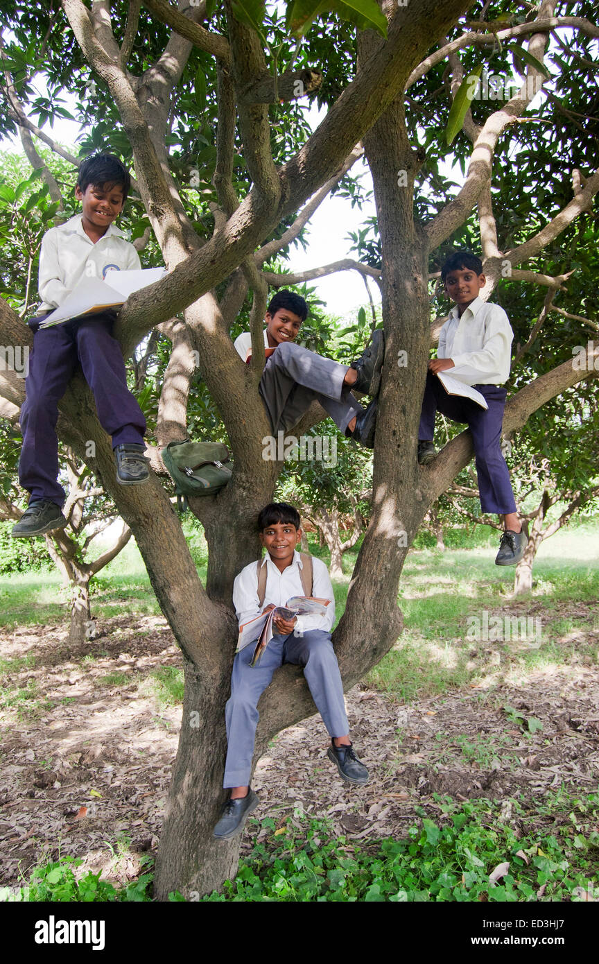 indian rural children school Students sitting Tree Trunk Study Stock ...