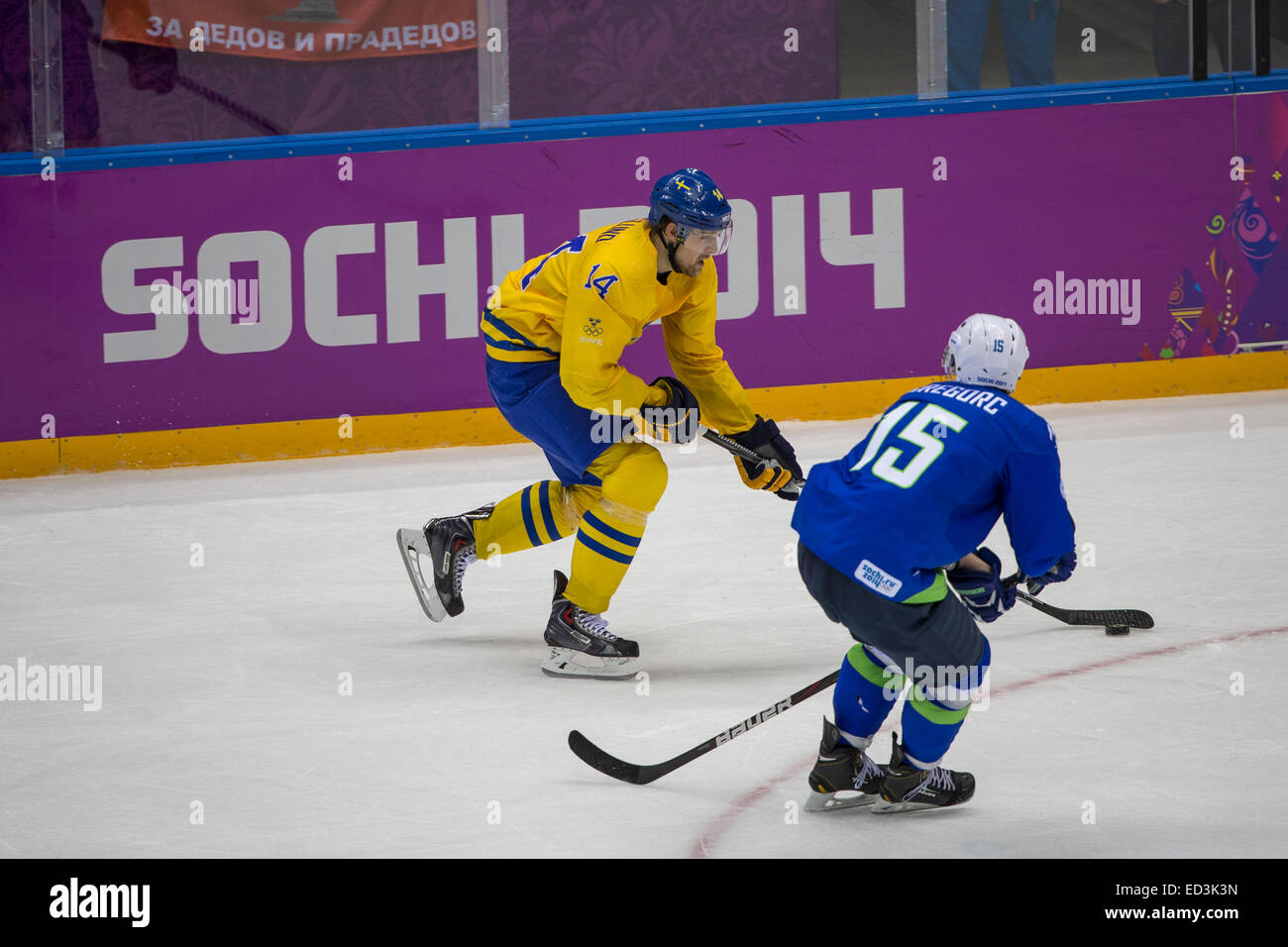 Patrik Berglund (SWE)-14, Blaz Gregorc (SLO)-15 during Sweden vs ...