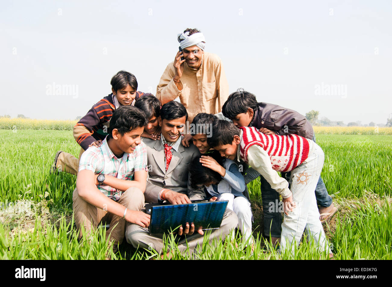 indian rural Farmer family with Business Man laptop working Stock Photo ...