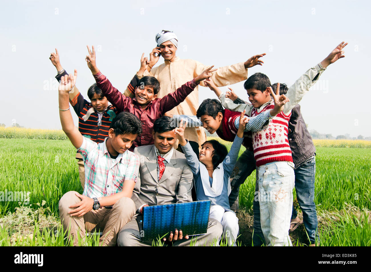 indian rural Farmer family with Business Man laptop working Stock Photo ...