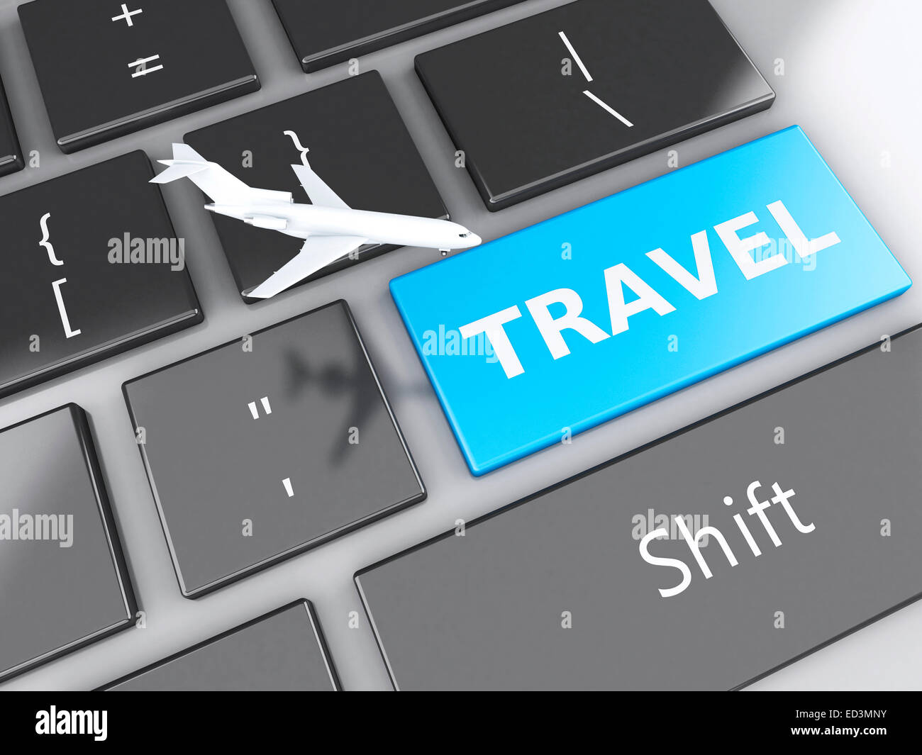 3d renderer illustration. airplane and travel on computer keyboard ...