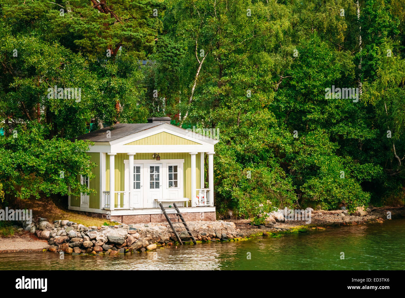 Yellow Finnish Wooden Sauna Log Cabin On Island In Summer Stock Photo ...