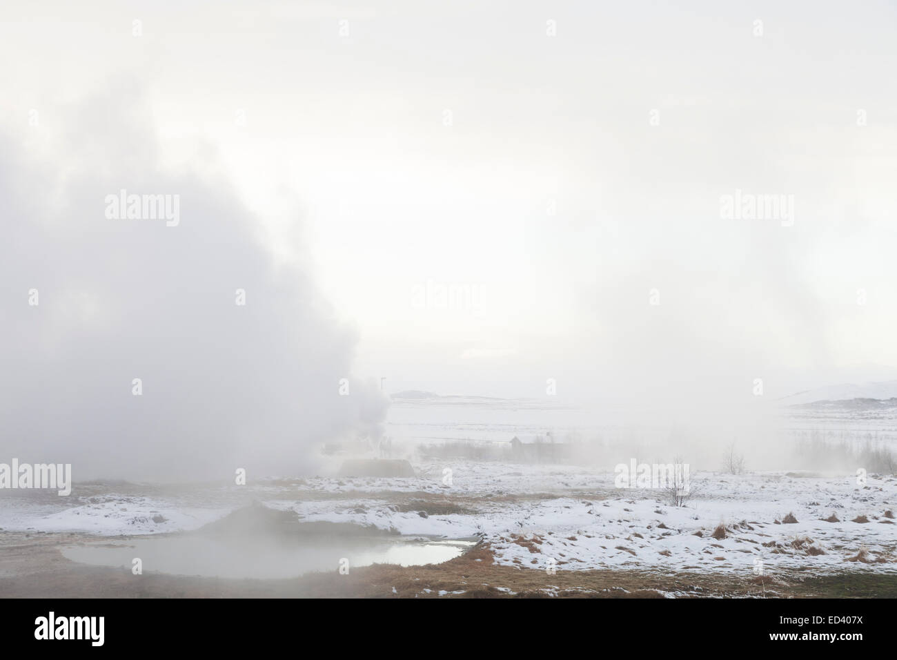 Steam rising from the ground at Haukadalur geothermal area, Iceland ...