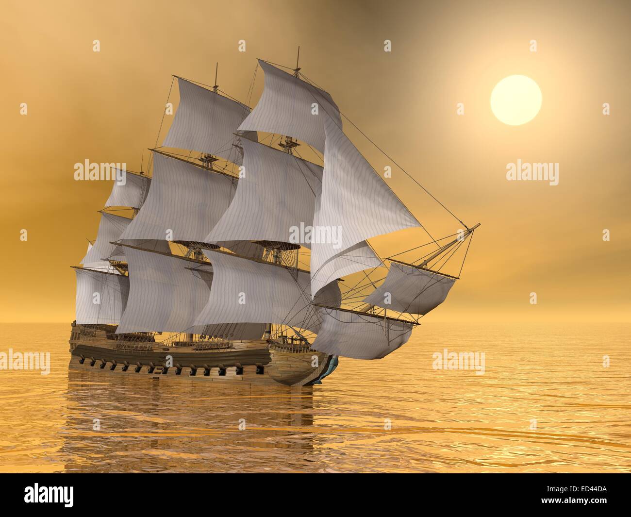 Beautiful old merchant ship floating on quiet water sunset Stock Photo ...