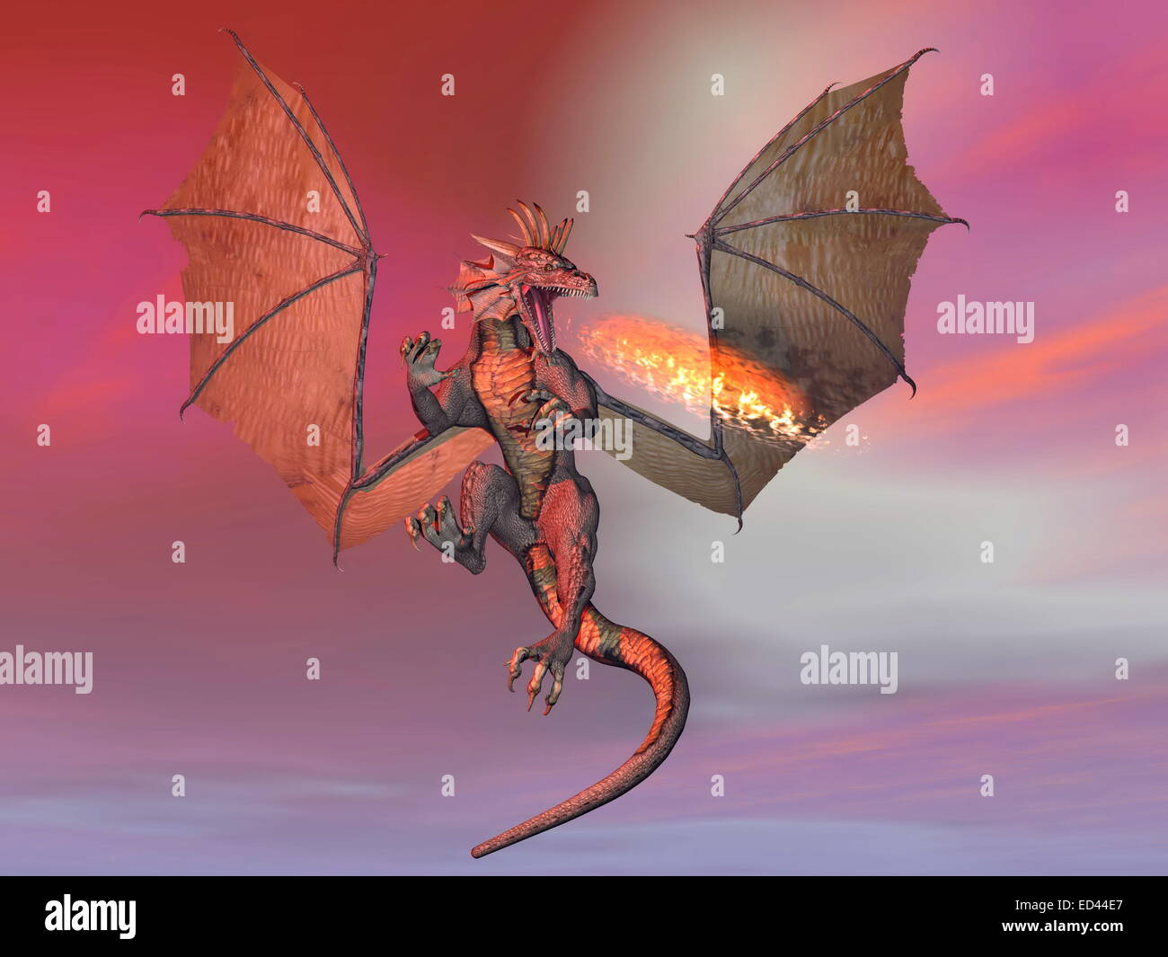 Fire-breathing dragon flying wings wide open at sunset Stock Photo - Alamy