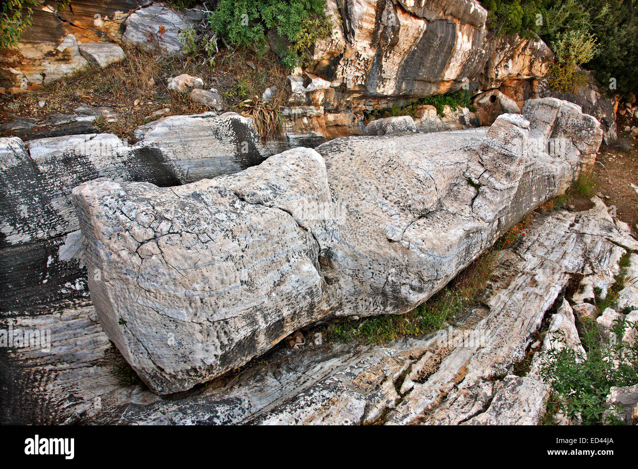 The archaic, gigantic and incoplete statue, known as "Kouros", close to ...
