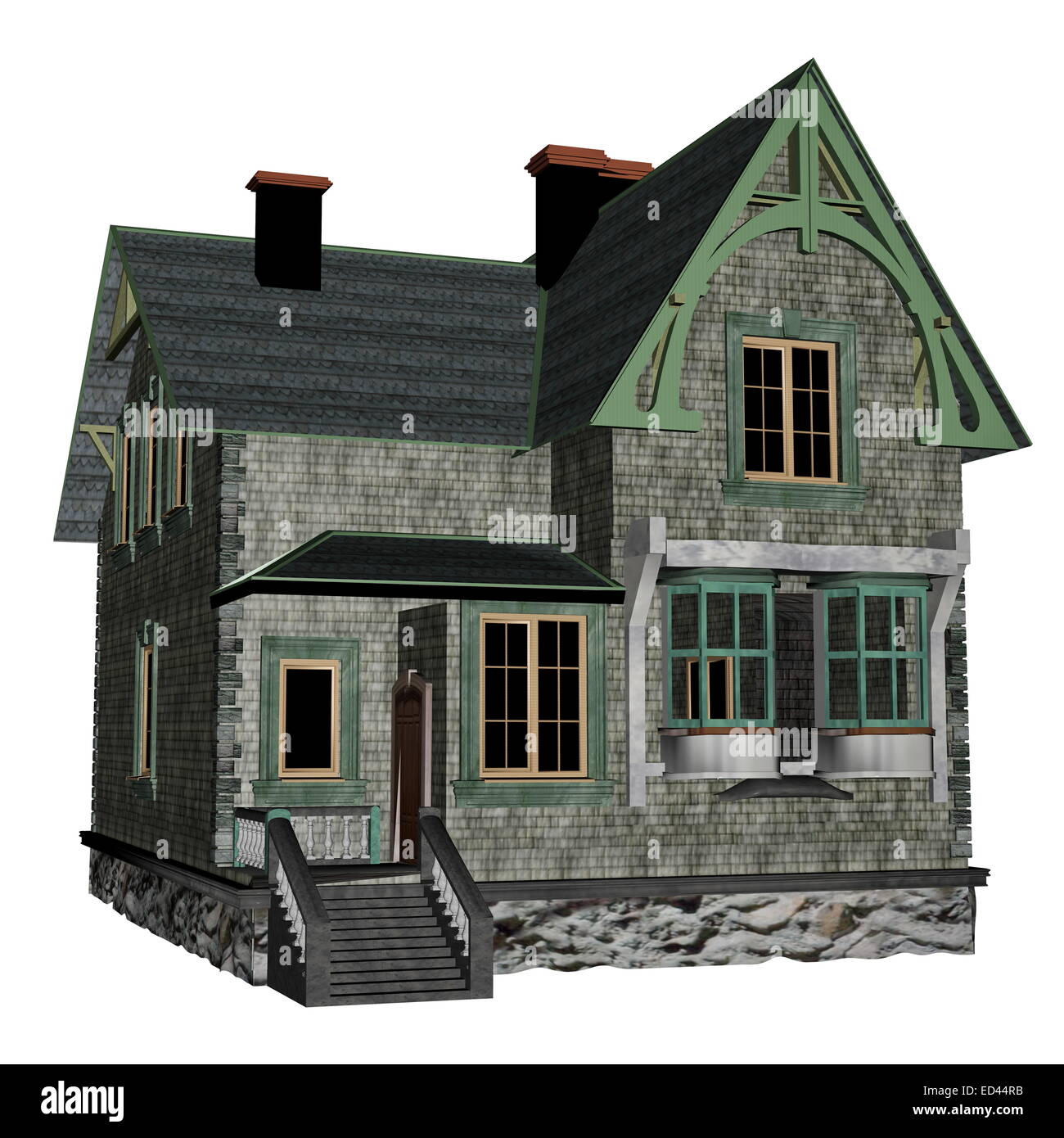 Big green beautiful cottage house in white background Stock Photo - Alamy