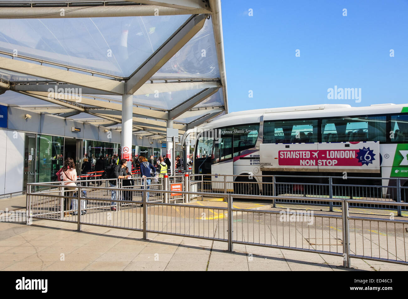 Travellers boarding Terravision bus at London Stansted Airport Essex ...