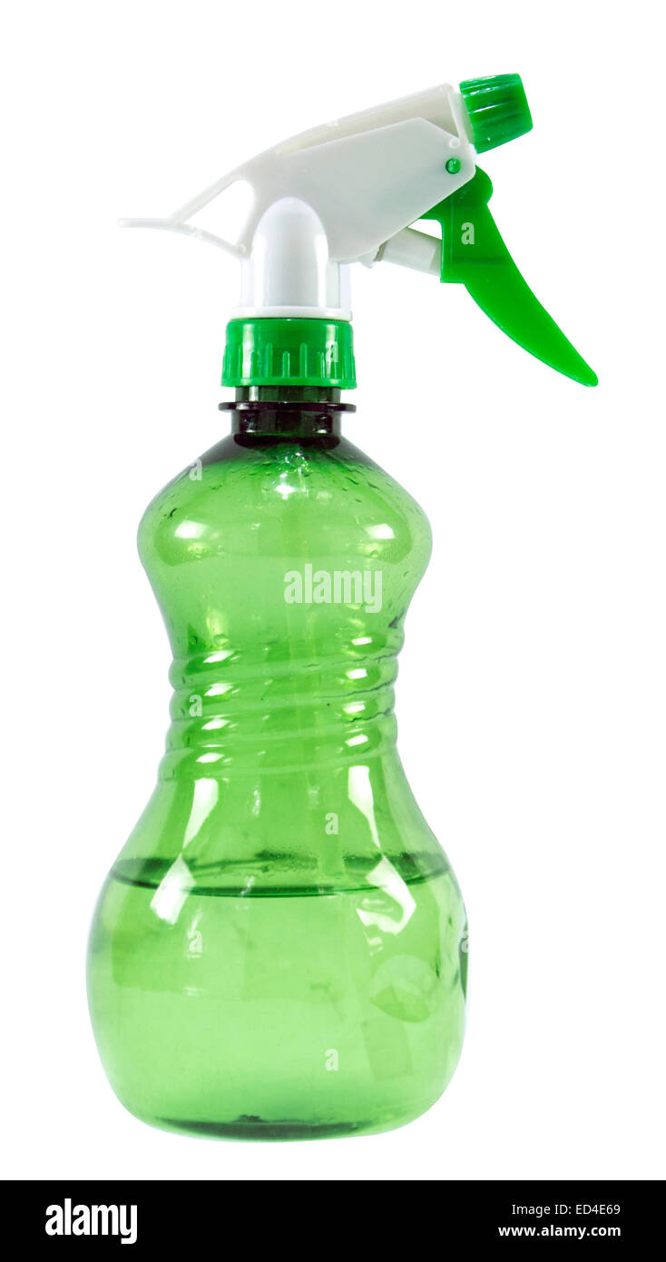 Green plastic spray bottle isolated on white background Stock Photo - Alamy