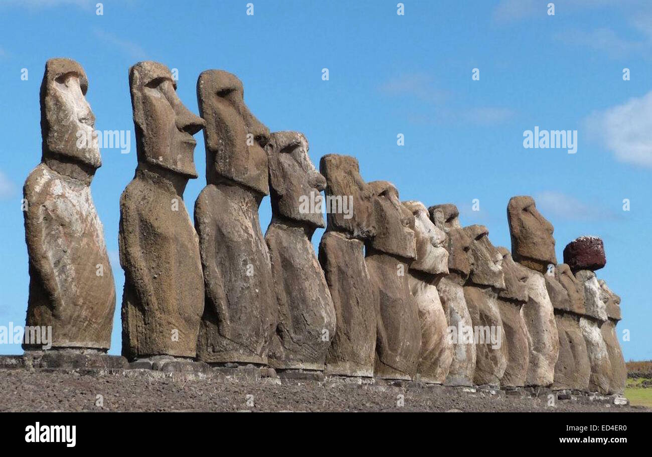 The giant, stone Moai statues at Ahu Tongariki, Rapa Nui (Easter Island ...