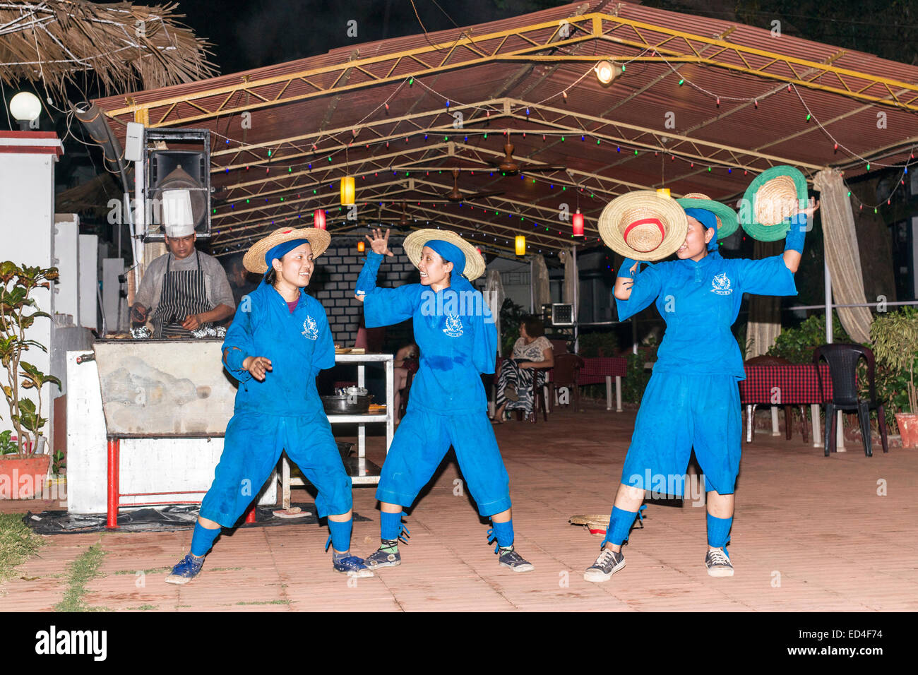 Tibetan fire dancers performing in gardens of a hotel in Goa for ...