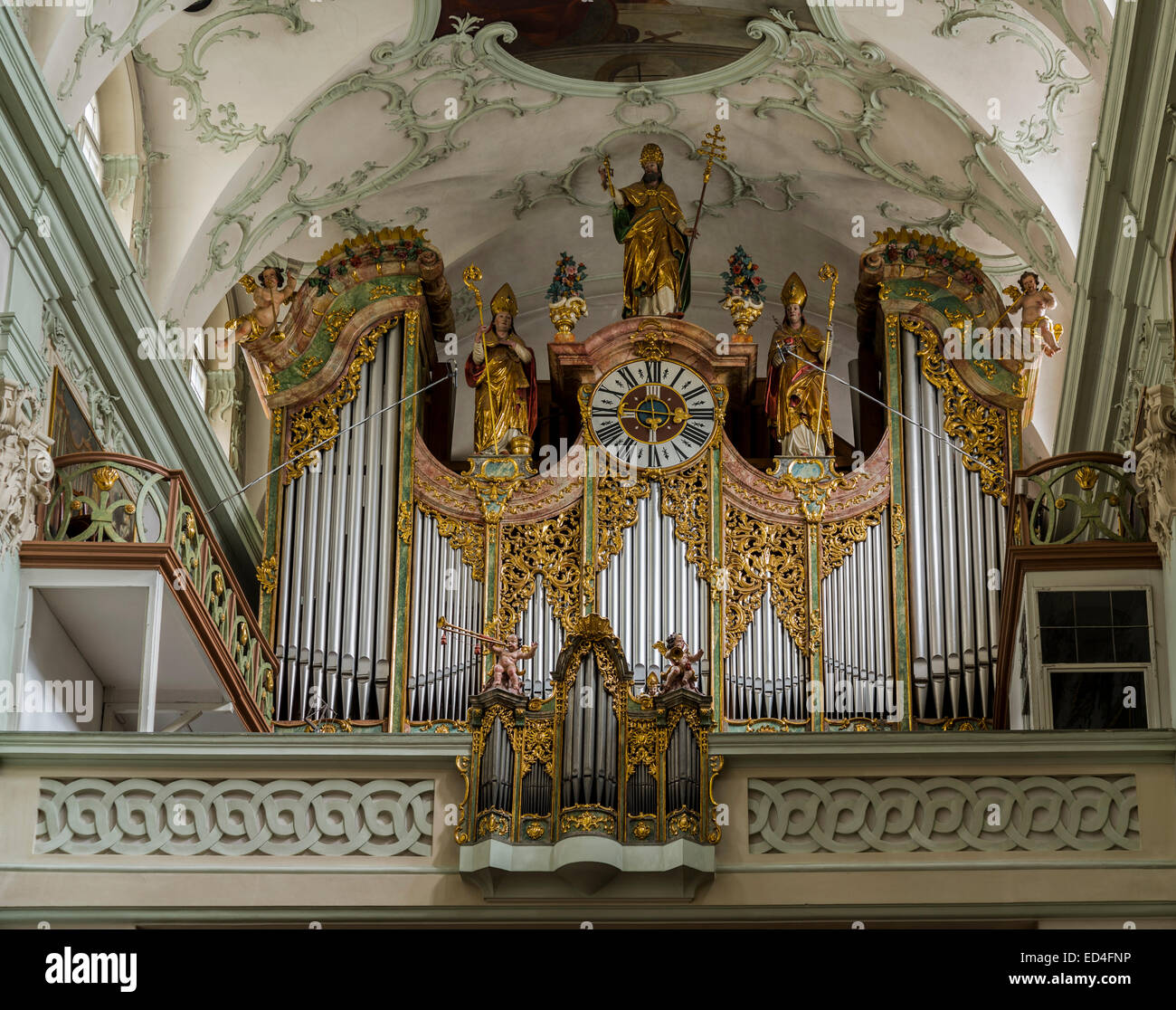 Pipe organ in interior of St Peters Abbey catholic church in Salzburg ...