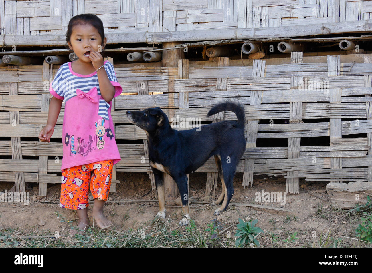 Dog with little girl of Kmou ethnic group, Kiew Mak Nao village, Laos ...