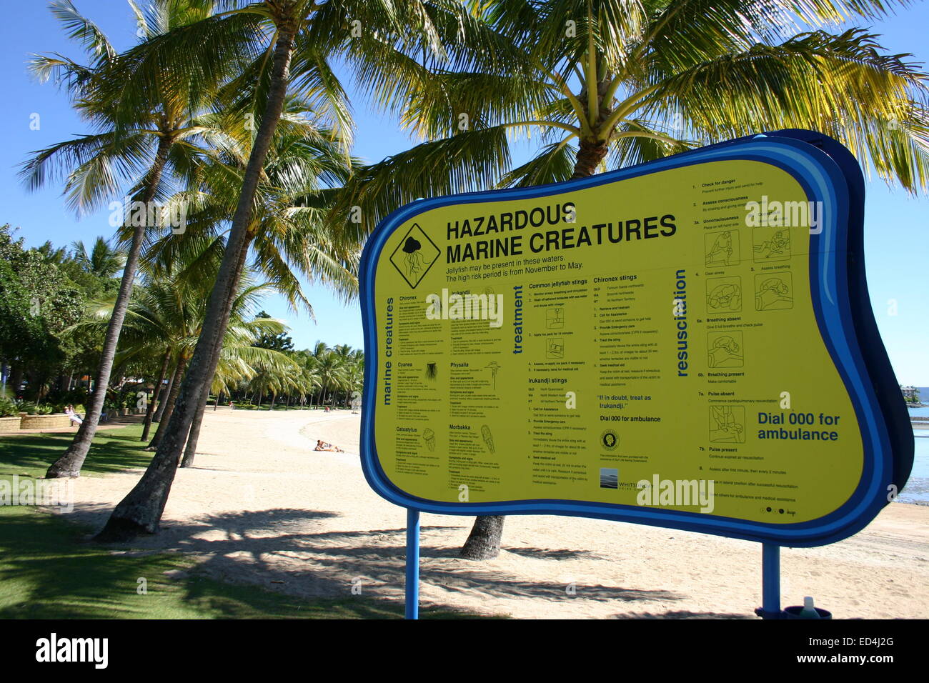 Warning sign about hazardous creatures, Airlie Beach, Queensland Stock ...
