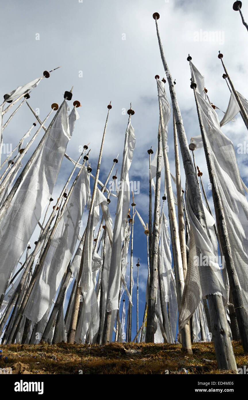 Prayer Flags on Poles Bhutan Stock Photo - Alamy