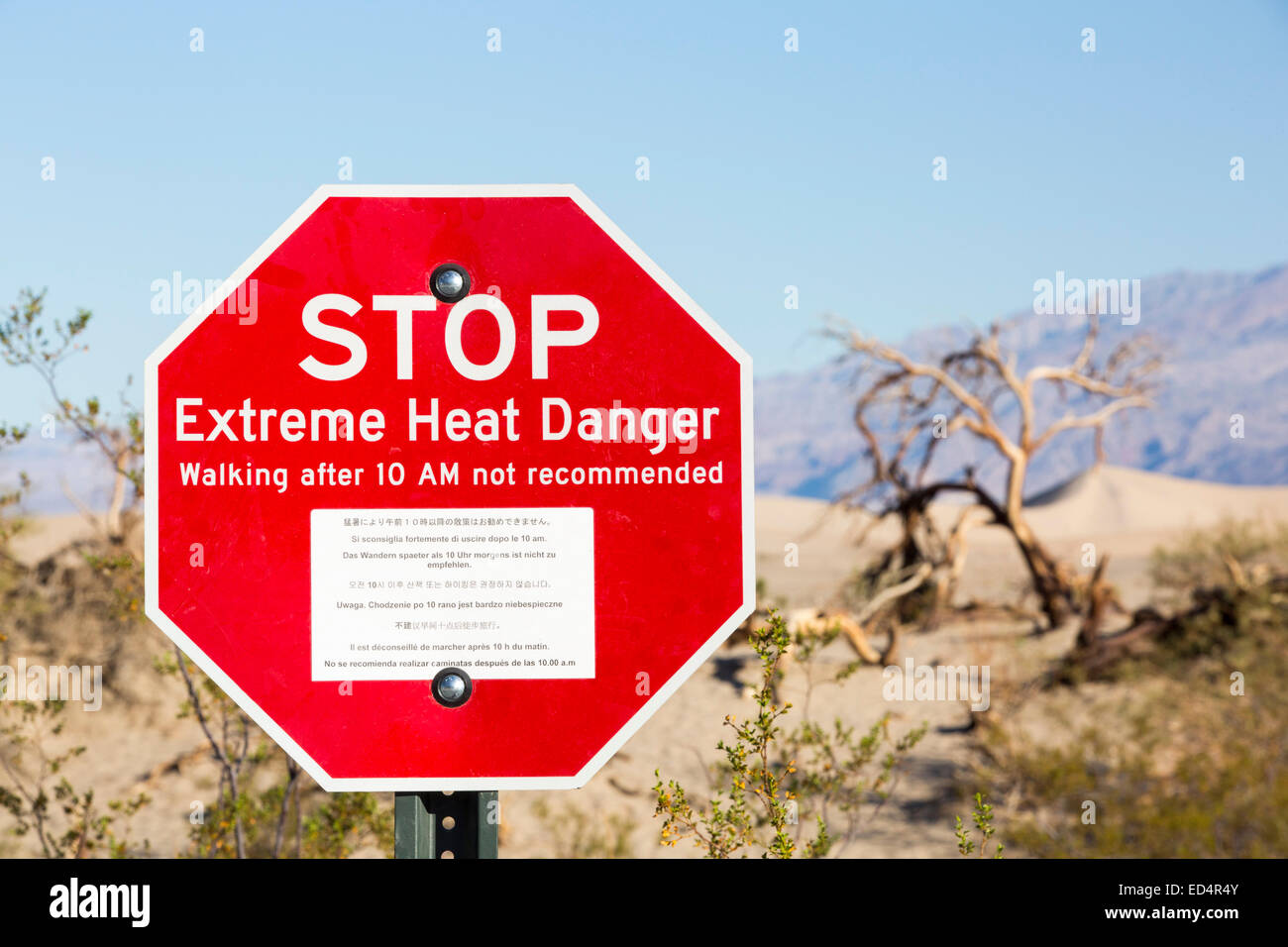 An extreme heat danger sign in Death Valley which is the lowest ...