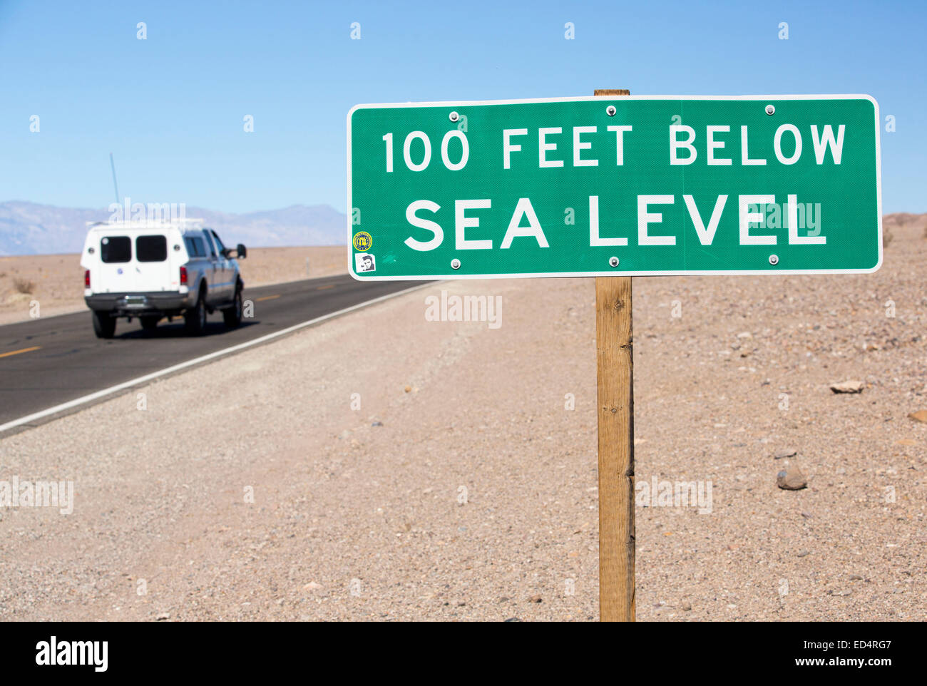 A sign at 100 feet below sea level in Death Valley which is the lowest ...
