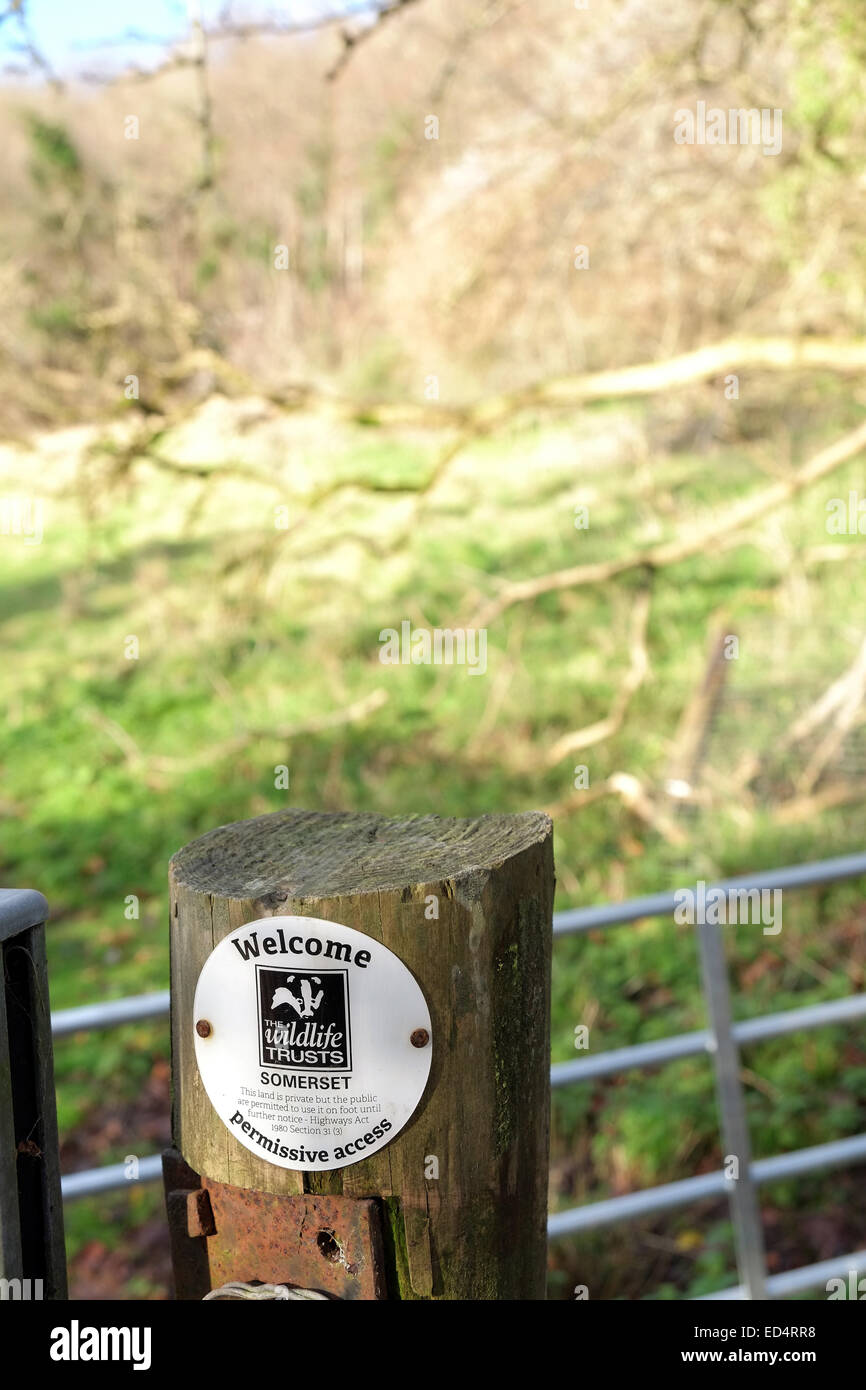 Somerset wildlife trust permissive access sign on a rural gate post ...
