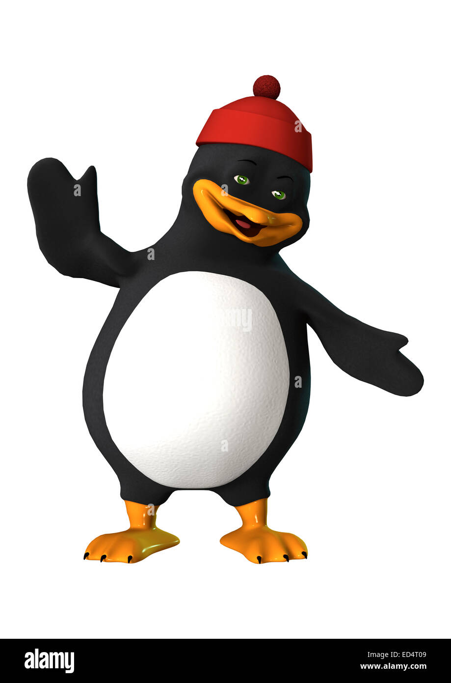 3D digital render of a cute smiling penguin wearing a red hat isolated ...