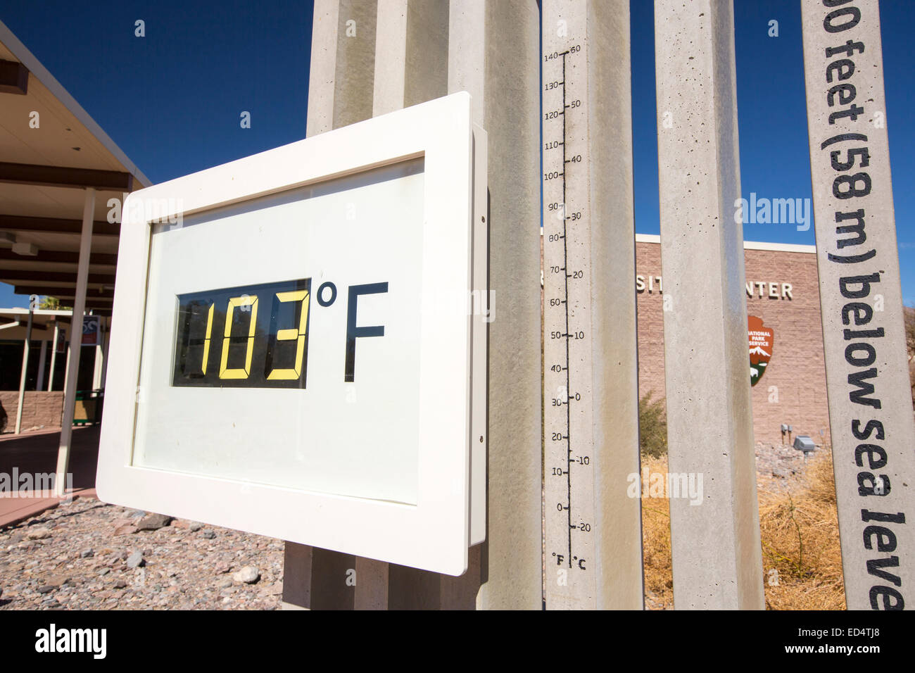 A thermometer at the Furnace Creek Visitor Centre in Death Valley ...
