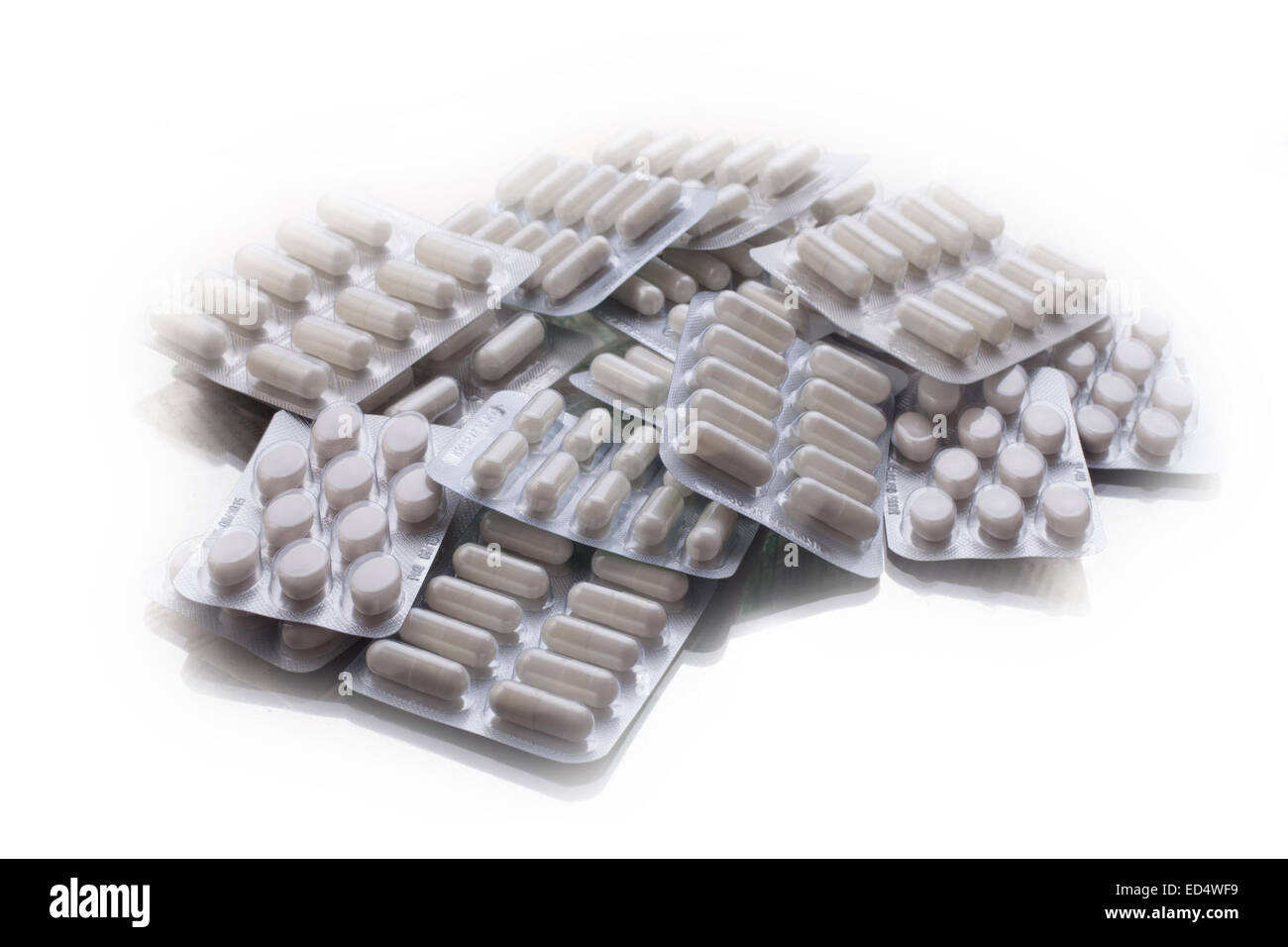 Pharmacy theme, Heap of white round medicine tablet antibiotic pills ...