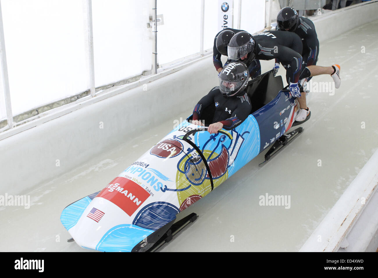 Lake Placid, NY, USA. 13th Dec, 2014. The USA 3 bobsled driven by Codie ...
