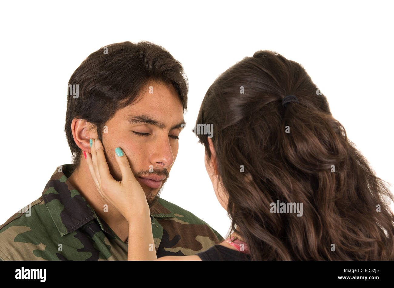 young hispanic military soldier saying goodbye to sad wife Stock Photo ...