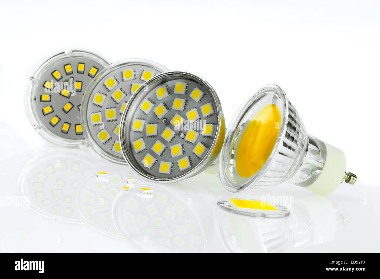 a few GU10 LED bulbs with different sizes chips and cooling Stock Photo ...