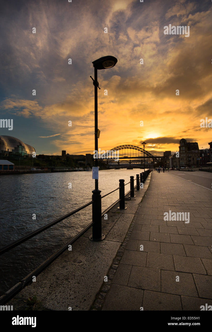 The views along Newcastle Quays looking towards Tyne Bridge at sunset ...