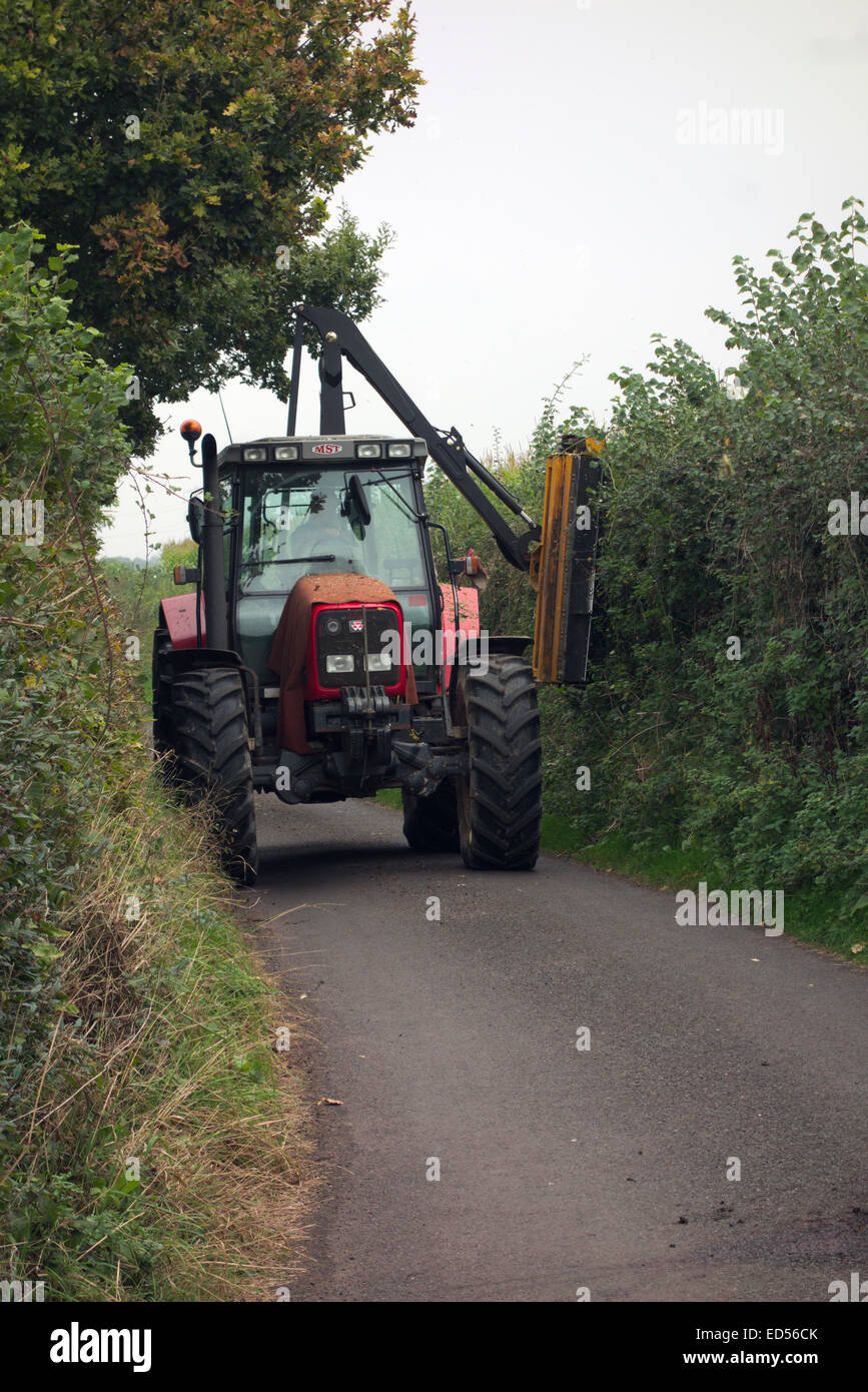 Hedge trimming with a tractor mounted flail mower, a Somerset lane, UK ...
