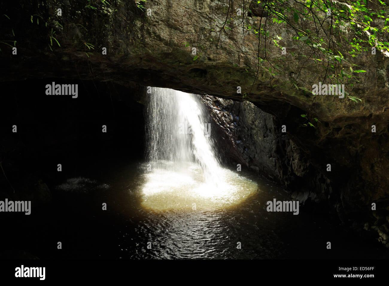 A photograph of a waterfall at the Natural Bridge in Springbrook ...