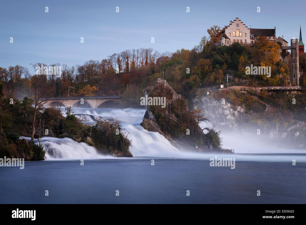 Rhine Falls and Schloss Laufen castle at dusk, Schaffhausen ...