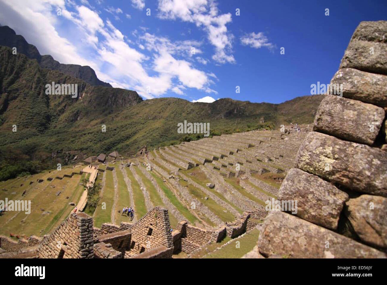 Incan stone buildings and terraces at Machu Picchu, Cusco, Peru Stock ...