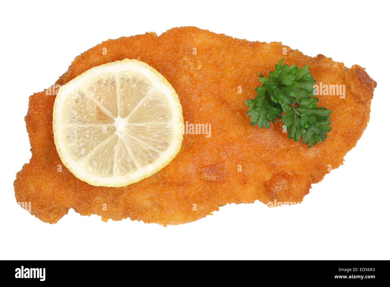 Schnitzel chop cutlet with lemon from above isolated on a white ...