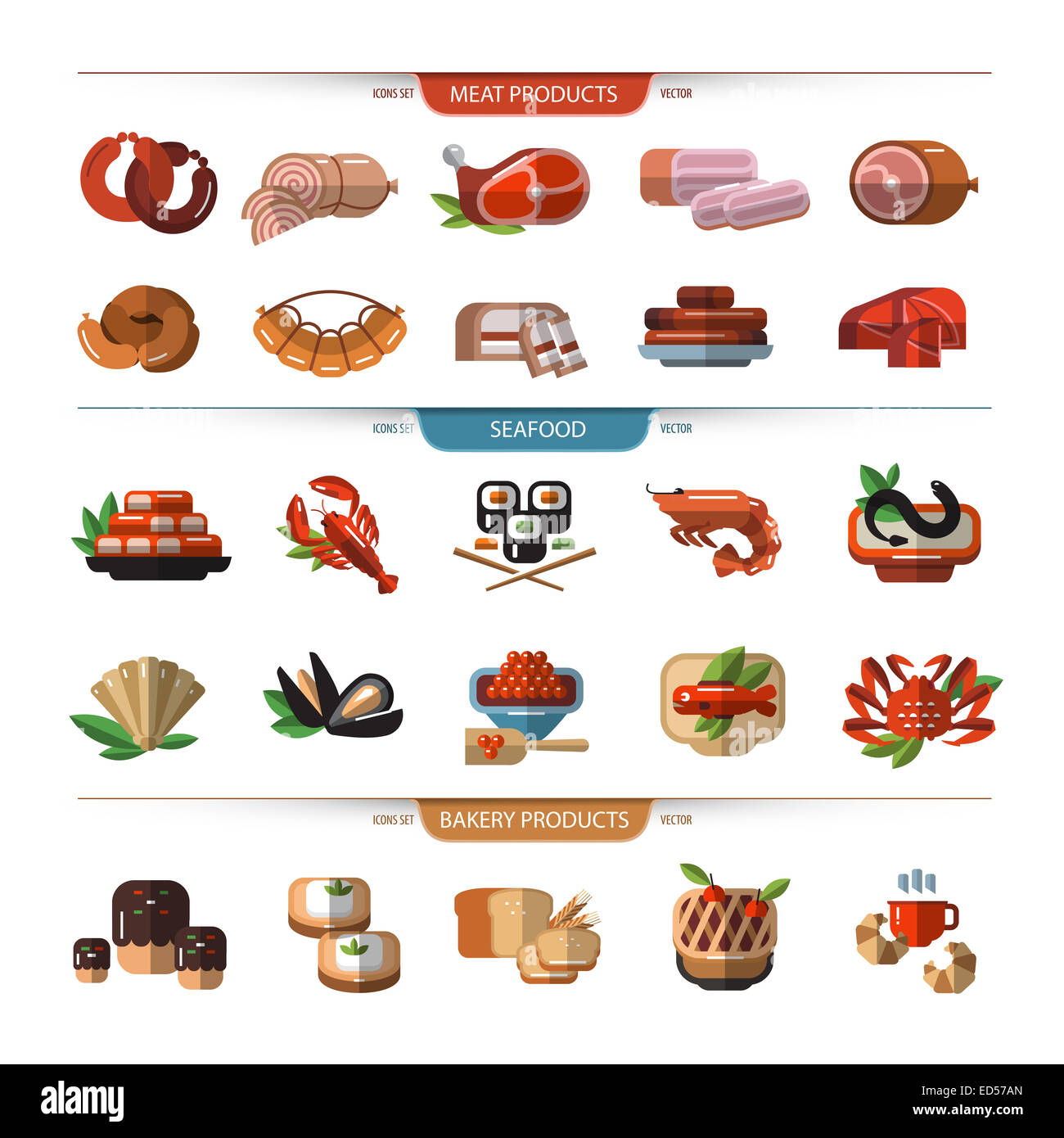Food set of icons, symbols. Meat, seafood, bread Stock Photo - Alamy